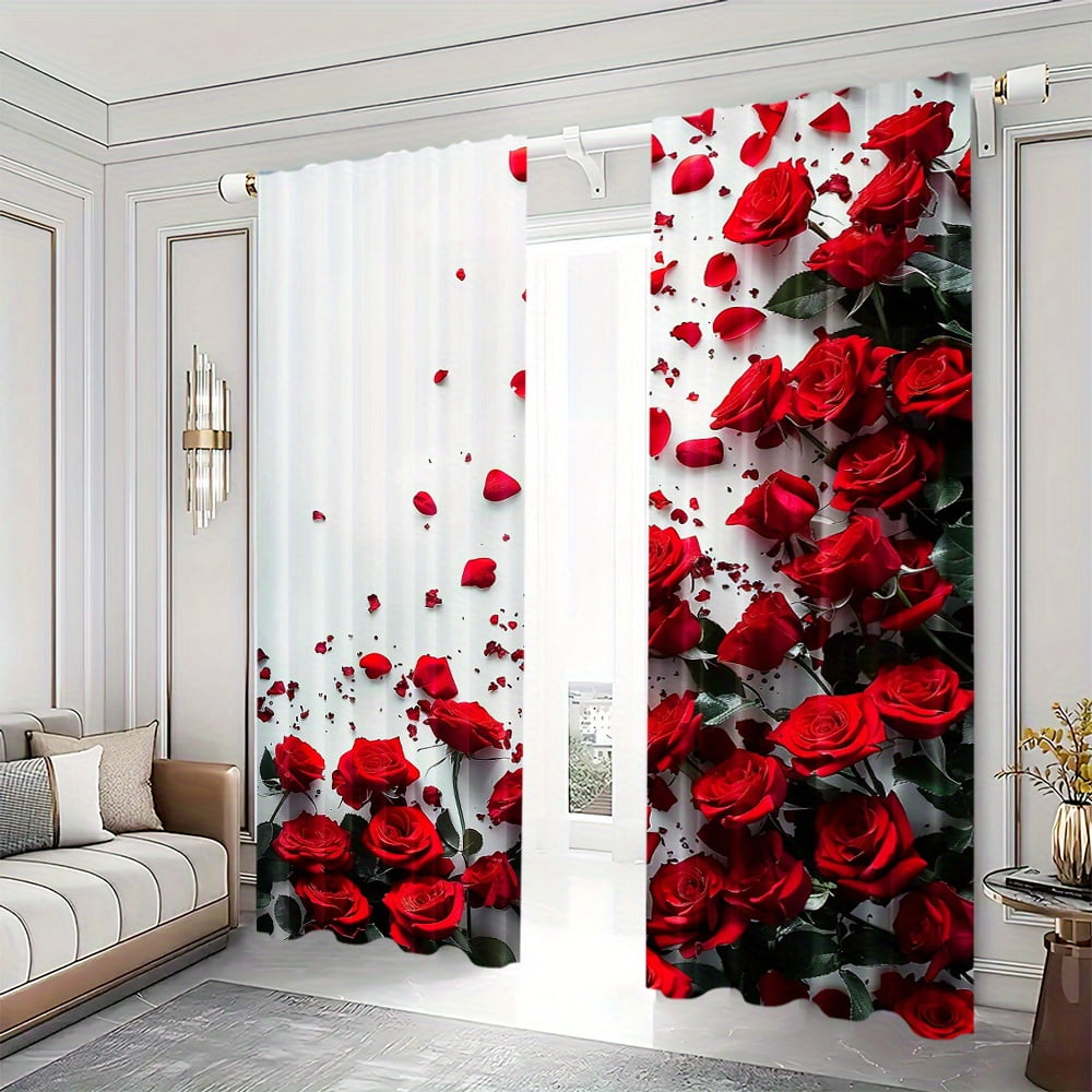 2-Pc Polyester Peach Blossom and Red Rose Curtains H-D Digital Print ...