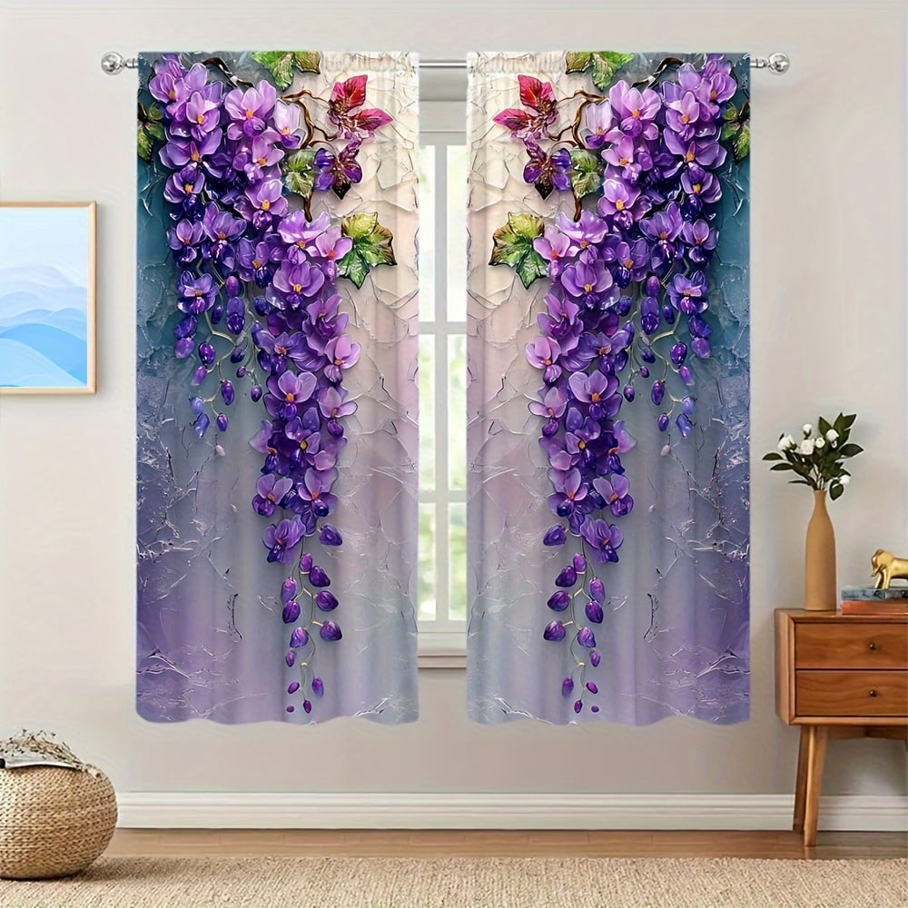 2-Pc Polyester Peach Blossom and Red Rose Curtains H-D Digital Print ...