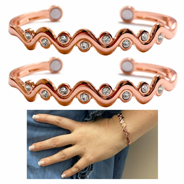 Generic 2 Pc Pure Copper Cuff Bracelet, Rose Gold Tone Crystal ...