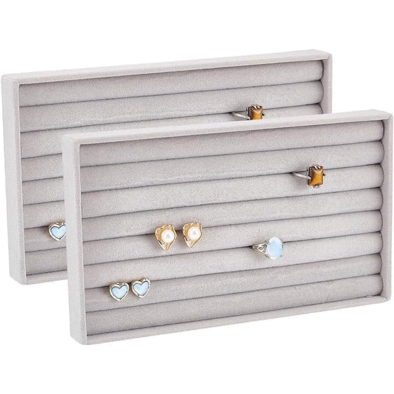 2 Pc Ring Rectangle Holder Display Tray Light Grey 7 Slots Velvet Ring ...