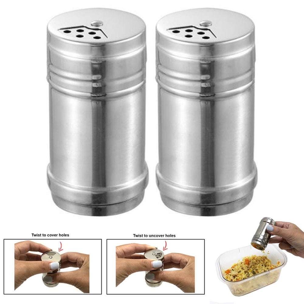 2 Pc Salt and Pepper Shakers Set Stainless Steel Metal Shaker Spice ...