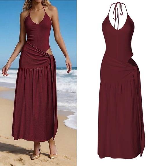 2 Pc Sets Women Outfit Summer Backless Halter Bodysuit with Slit Wrap ...