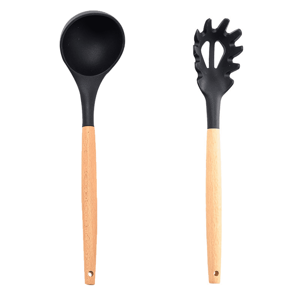 2 Pc Silicone Kitchen Utensil Set, Easy to Clean Wooden Kitchen ...