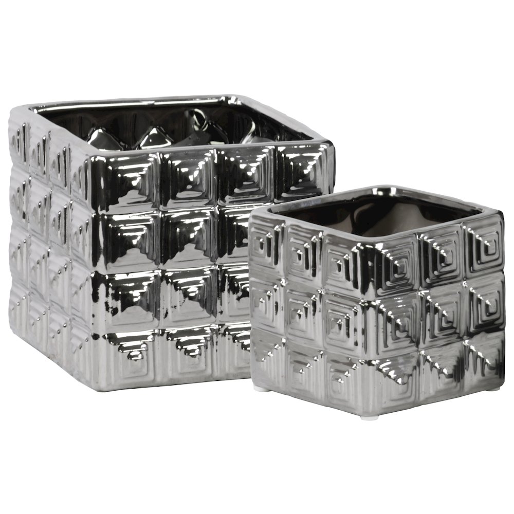 Ceramic Square Pot with Embossed Square Design Set of Two Polished ...