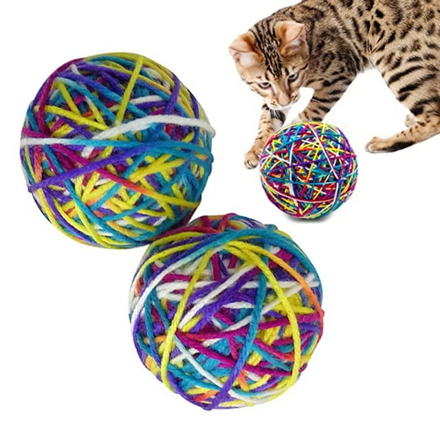 Set of 2 Yarn Ball Bells Cat Toys - 4" Multi-Color Jingle Rattle for ...