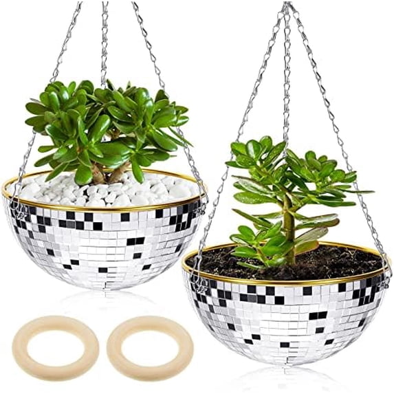 2 Pcs 10" Silver Hanging Disco Ball Planter with Chain Home Boho Mirror ...