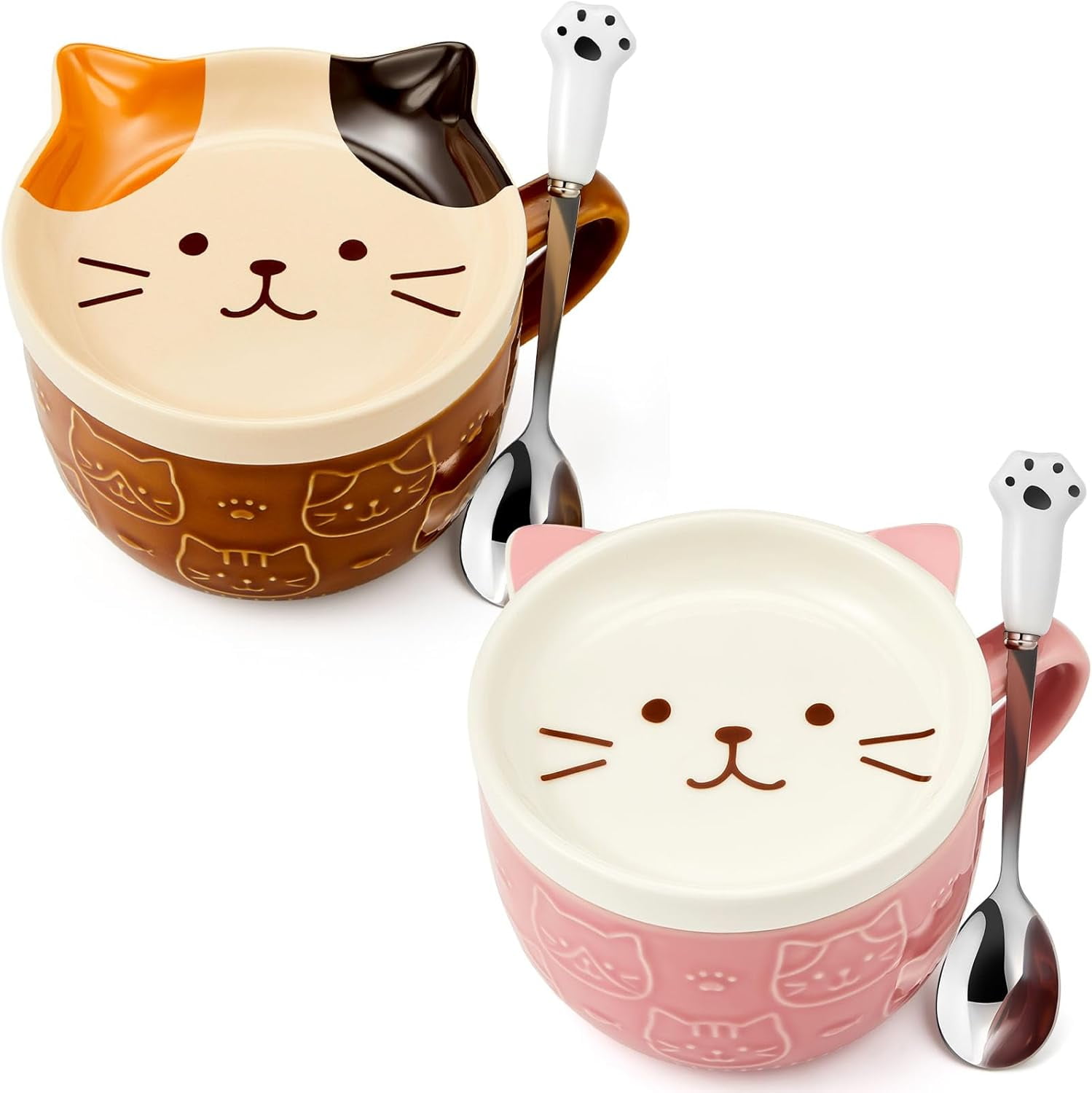 2 Pcs 10 oz Ceramic Cute Cat Mug with Lid Kawaii Cat Tea Cup Funny ...