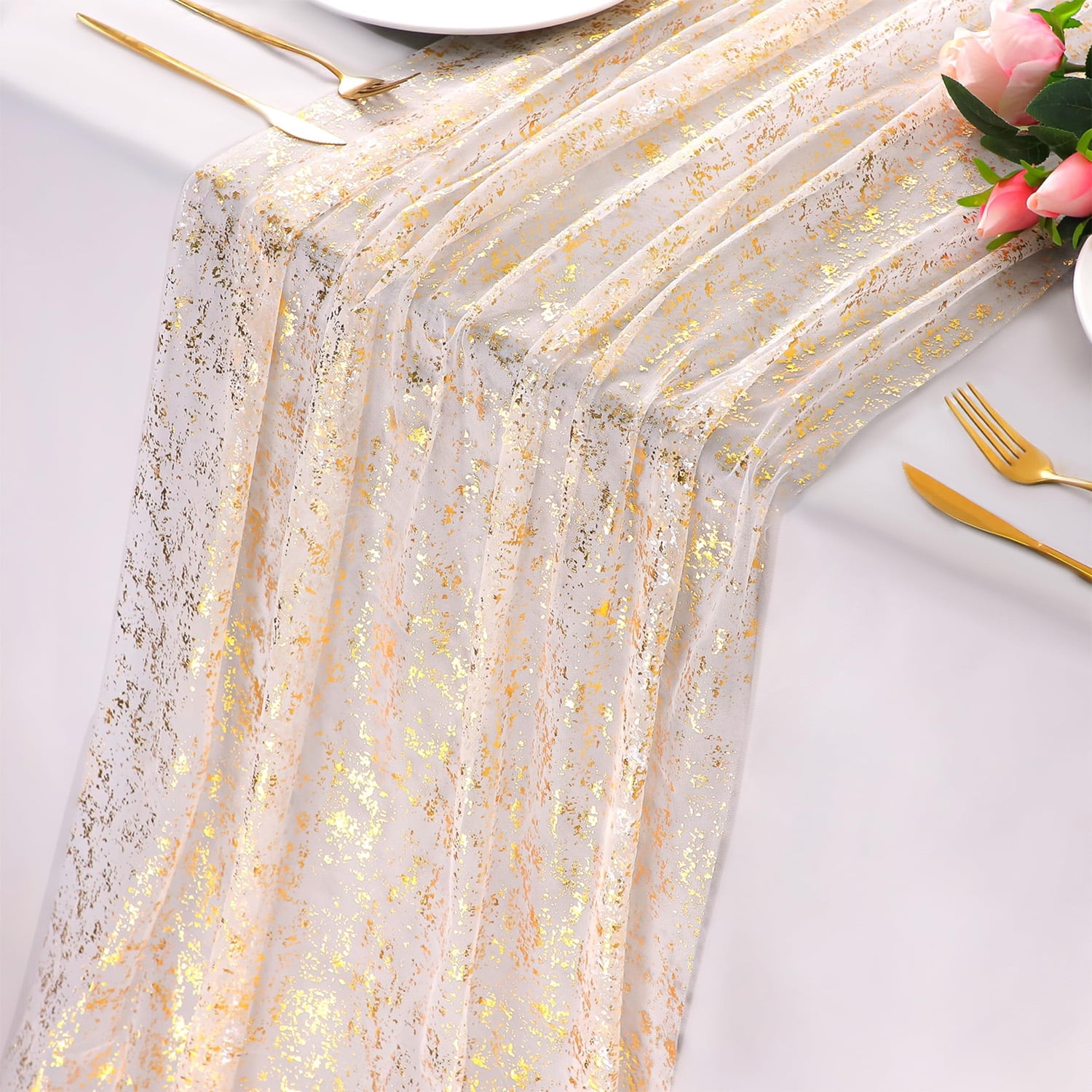 2 Pcs 10ft Gold Table Runners, 27.5" W x 120" L, Sheer Chiffon Tulle ...
