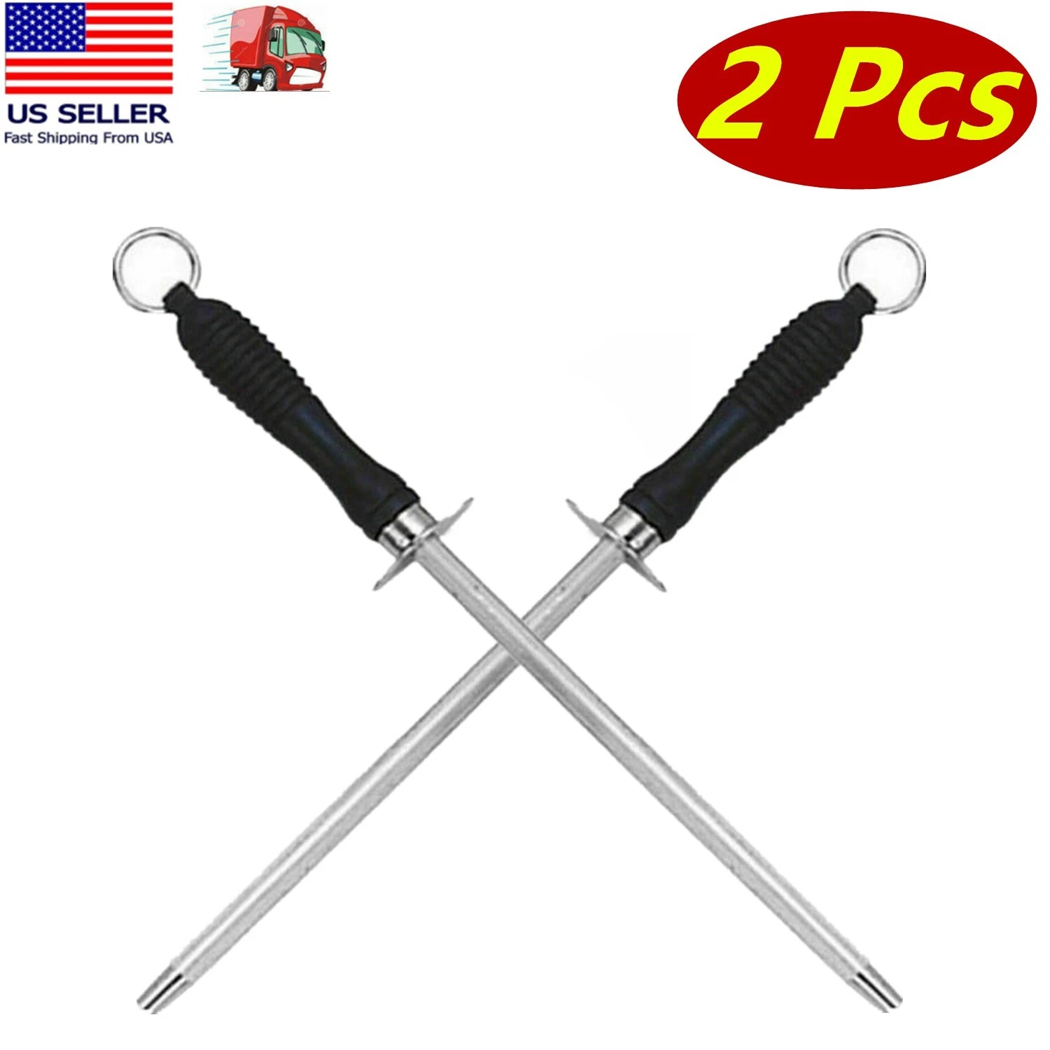 2 Pcs 11" Stainless Steel Knife Sharpener, Honing Rod, Kitchen Knife ...
