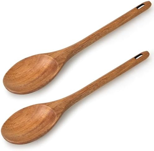 2 Pcs 12" Large Wooden Cooking Utensils Set - Long Handle Teak & Bamboo ...