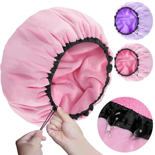2 Pcs 13.5" Dual Waterproof Design Adjustable Terry Shower Cap for ...