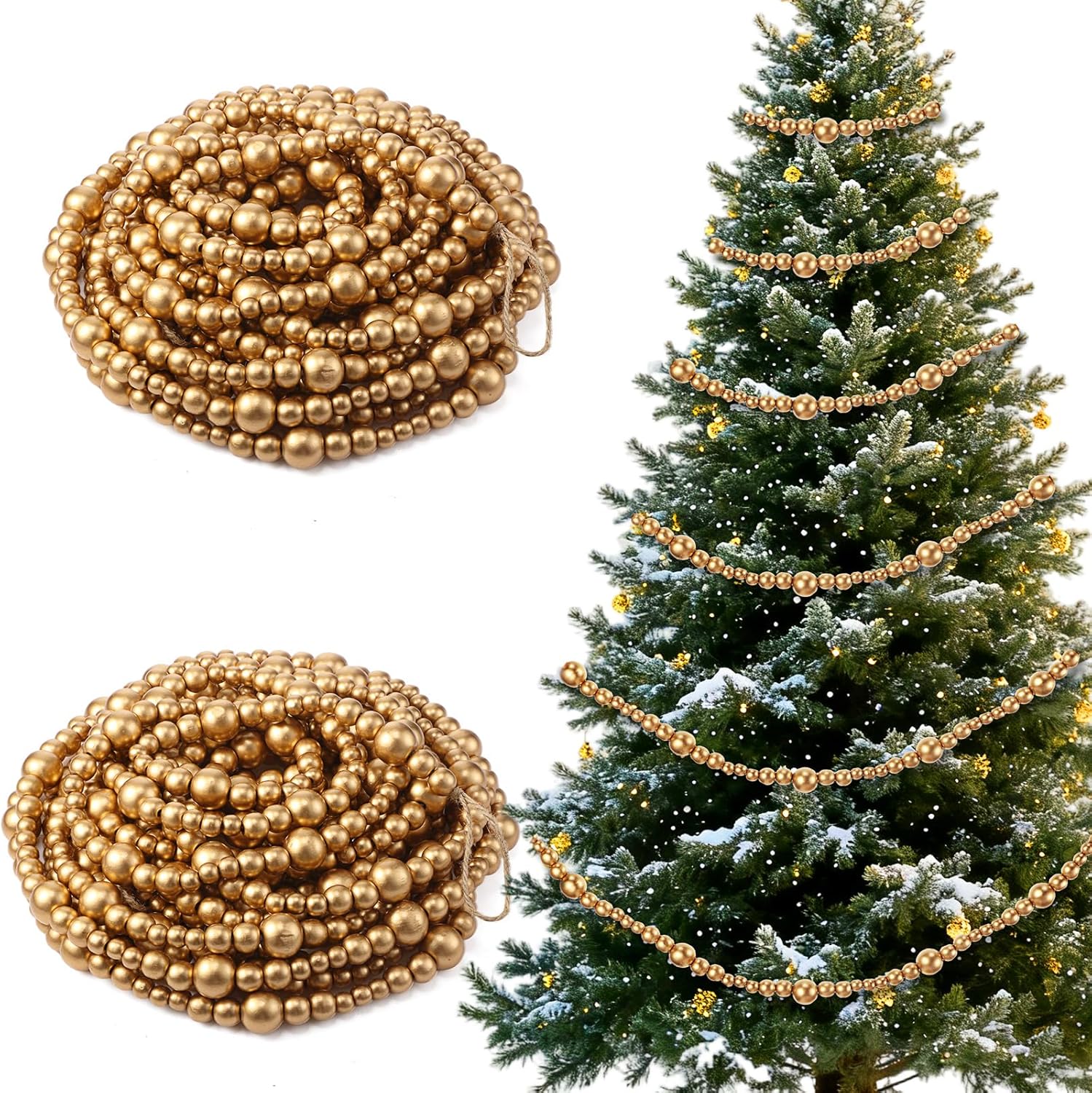 2 Pcs 131 Feet Christmas Beads Garland, 12-25 MM Wooden Beads and Gold ...