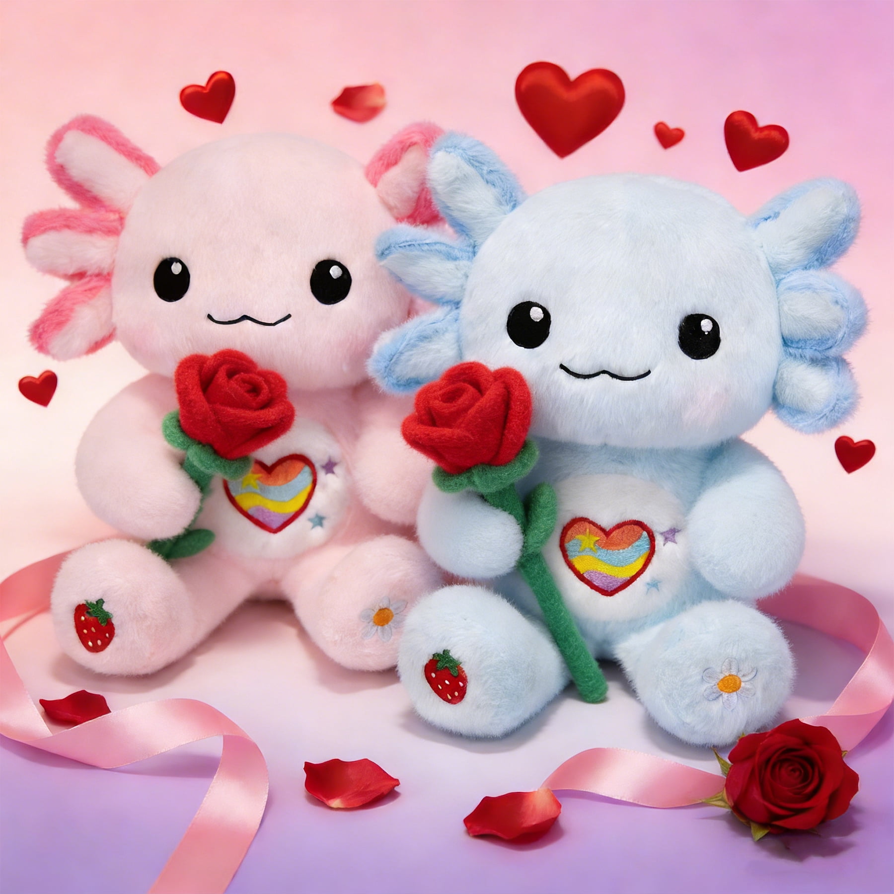 2 Pcs 13Inch Axolotl Plush Toys with 2 PCS 11.81Inch Roses, Cute ...