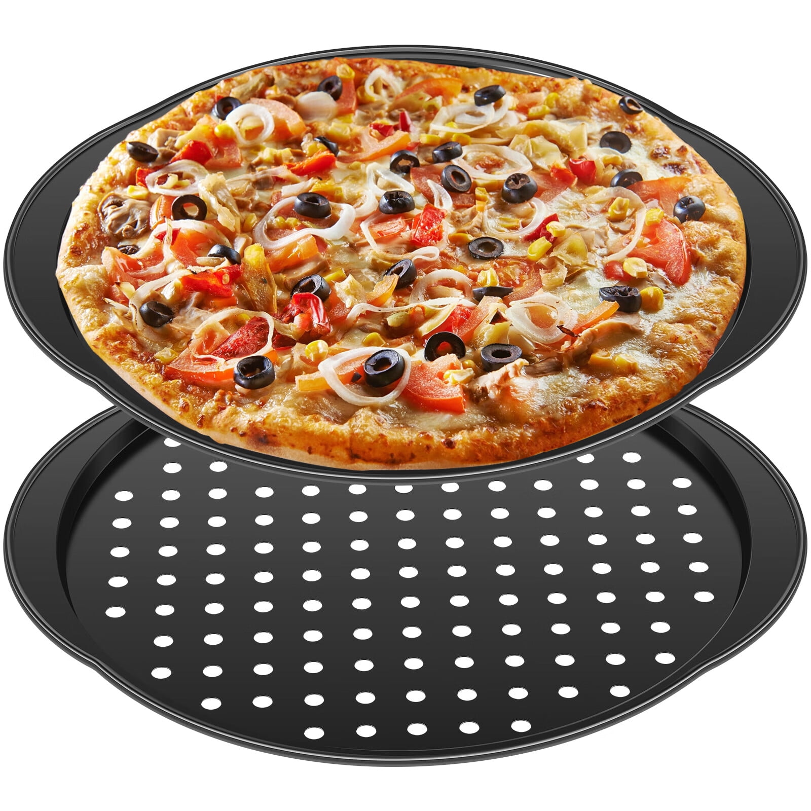 2 Pcs 14-Inch Nonstick Pizza Tray - Round Carbon Steel Non-Stick Pizza ...