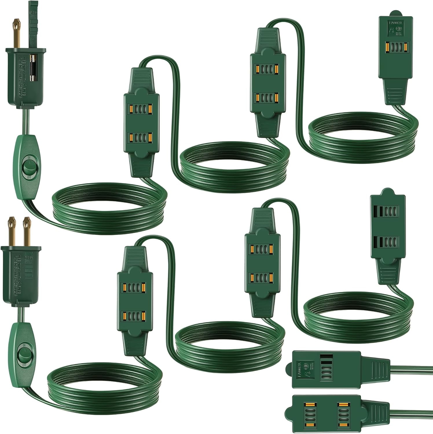 2 Pcs 15 Ft Green Extension Cord with 9 Outlets and On/Off Switch ...