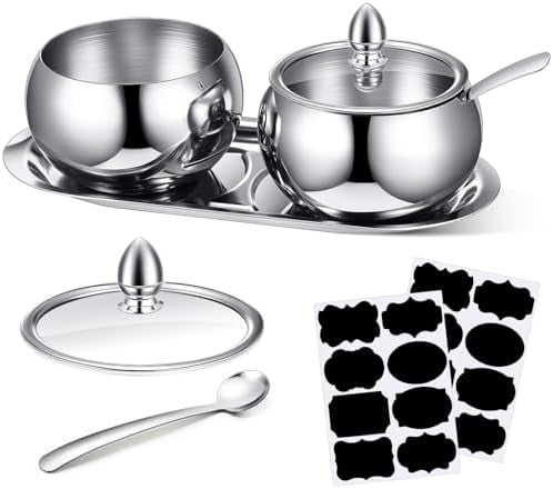 2 Pcs 16 oz Stainless Steel Sugar Container with Lid Spoon and Tray ...