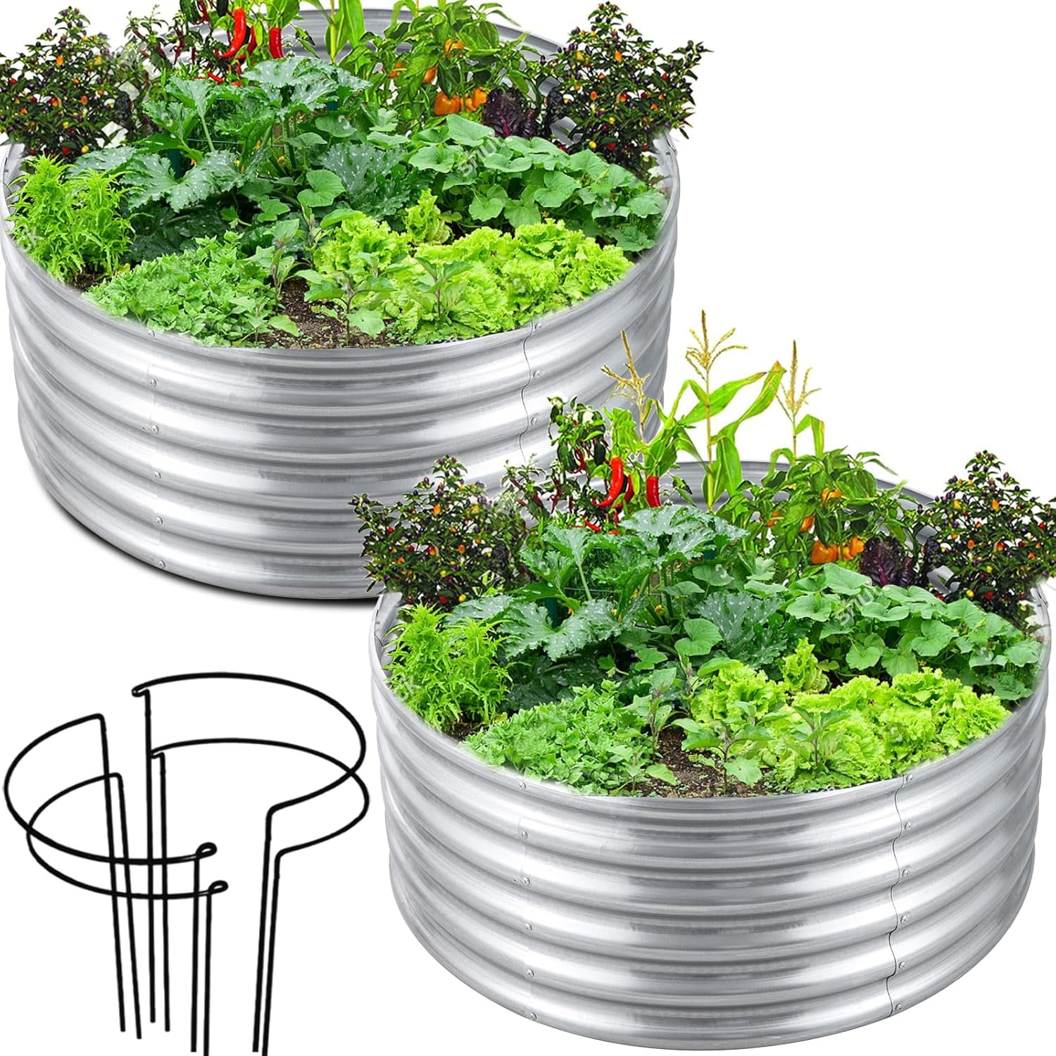 2 Pcs 17" Tall 4 Ft Round Raised Garden Bed Box Galvanized Metal ...