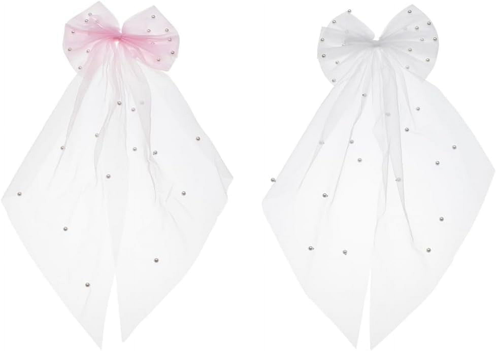 2 Pcs 2 Colors Polyester Pearl Veils White Pearl Beads Bowknot Veil ...