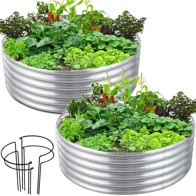 2 Pcs 2 Ft Round Raised Garden Bed Box Galvanized Metal Outdoor Flower ...