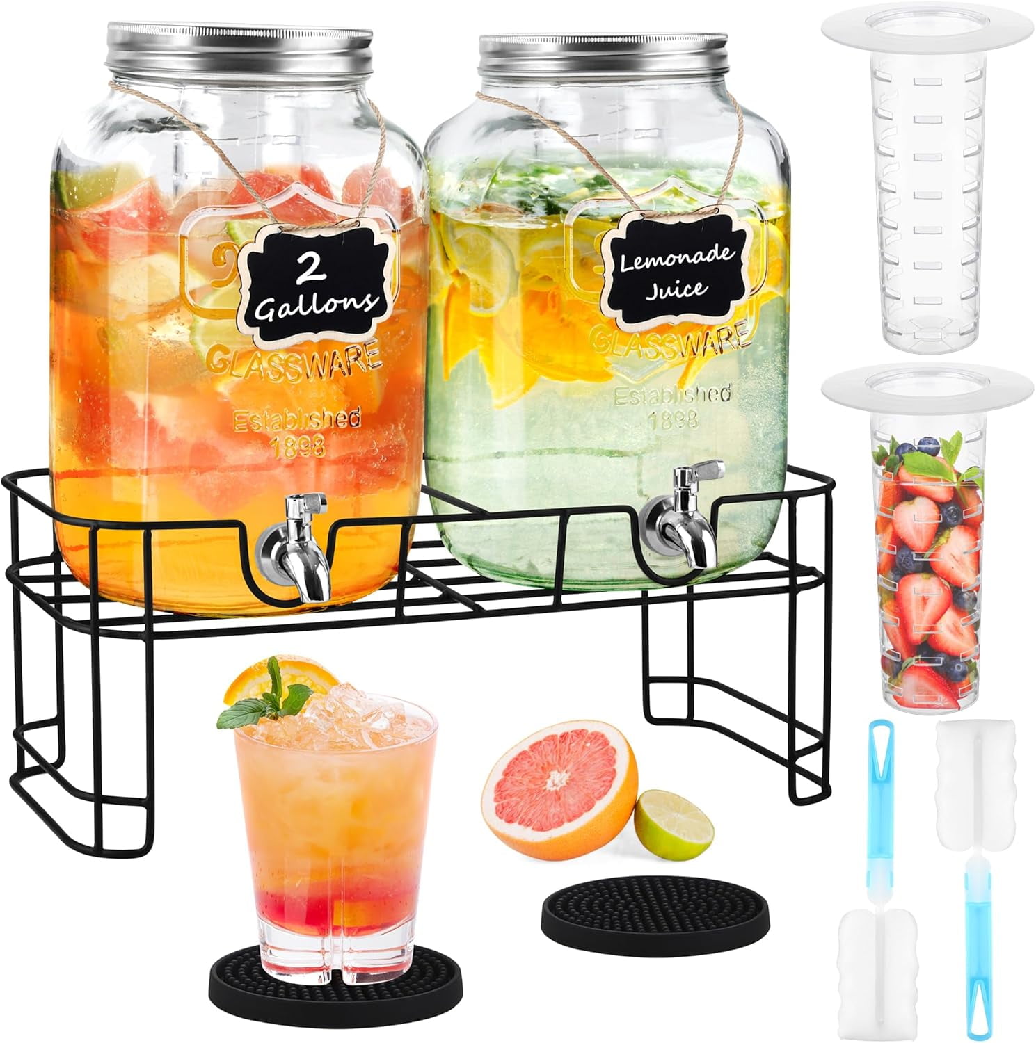 2 Pcs 2 Gallon Glass Beverage Drink Dispenser with Stand Dual Beverage ...