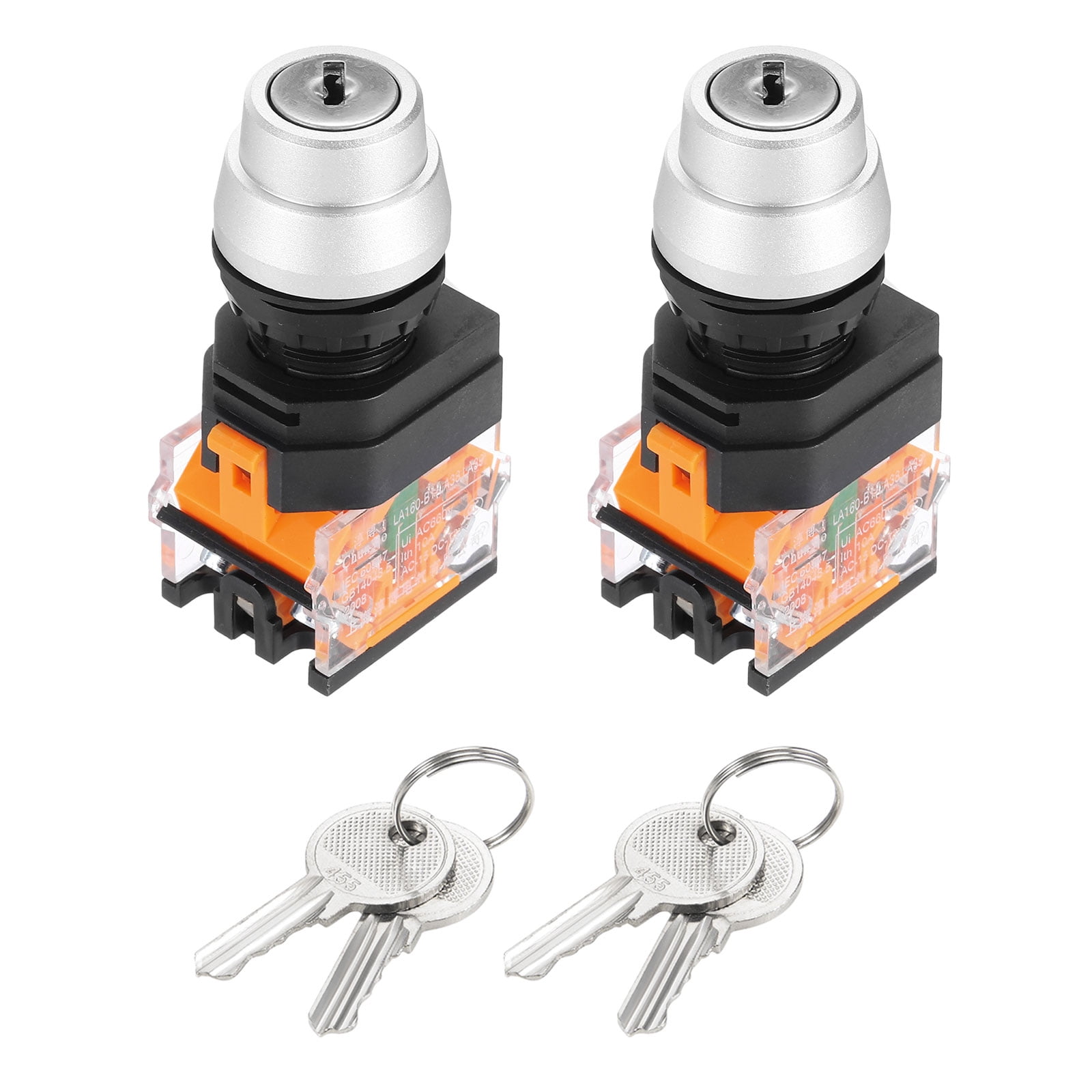 2 Pcs 22mm 2 Position Keys Locking Push Button Switch W Keys Silver ...
