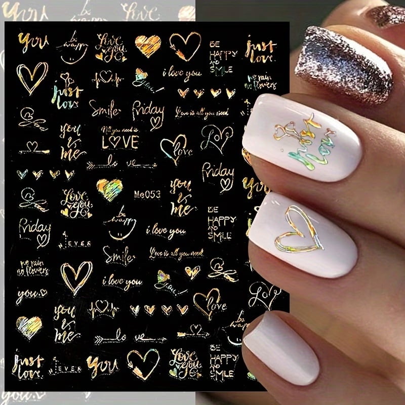 2 Pcs 3D Laser Heart Shape Letter Nail Art Stickers - Durable & Easy to ...