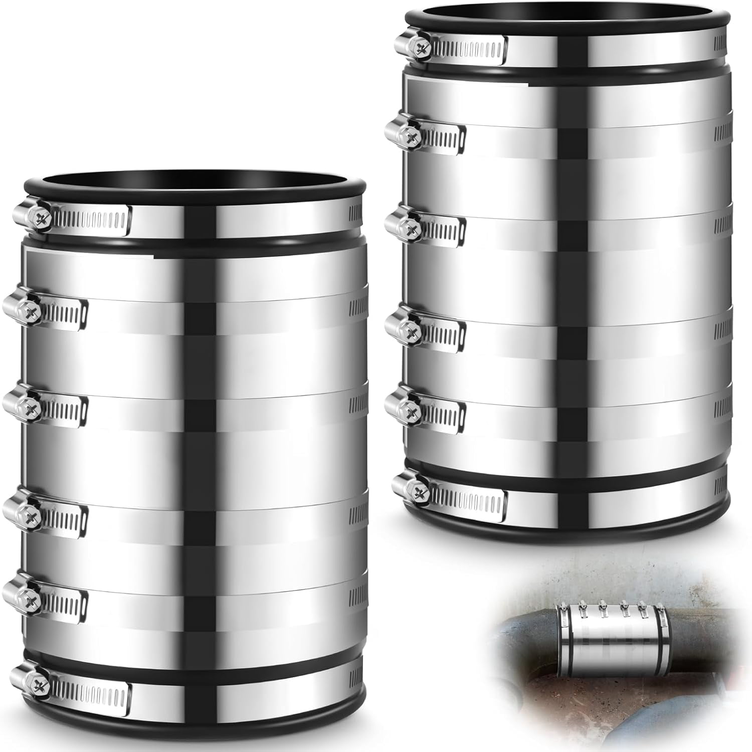 2 Pcs 4 Inch XL Flexible Pipe Coupling Connector Fitting with Stainless ...