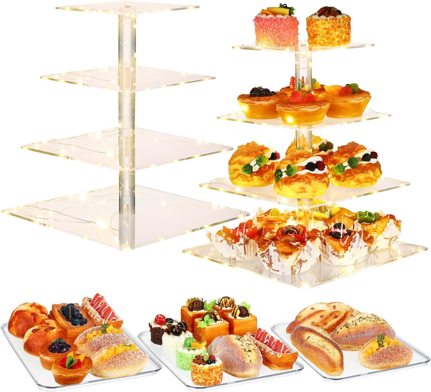 2 Pcs 4 Tier Square Cupcake Stand with 3 Pcs Serving Trays and 2 Pcs ...