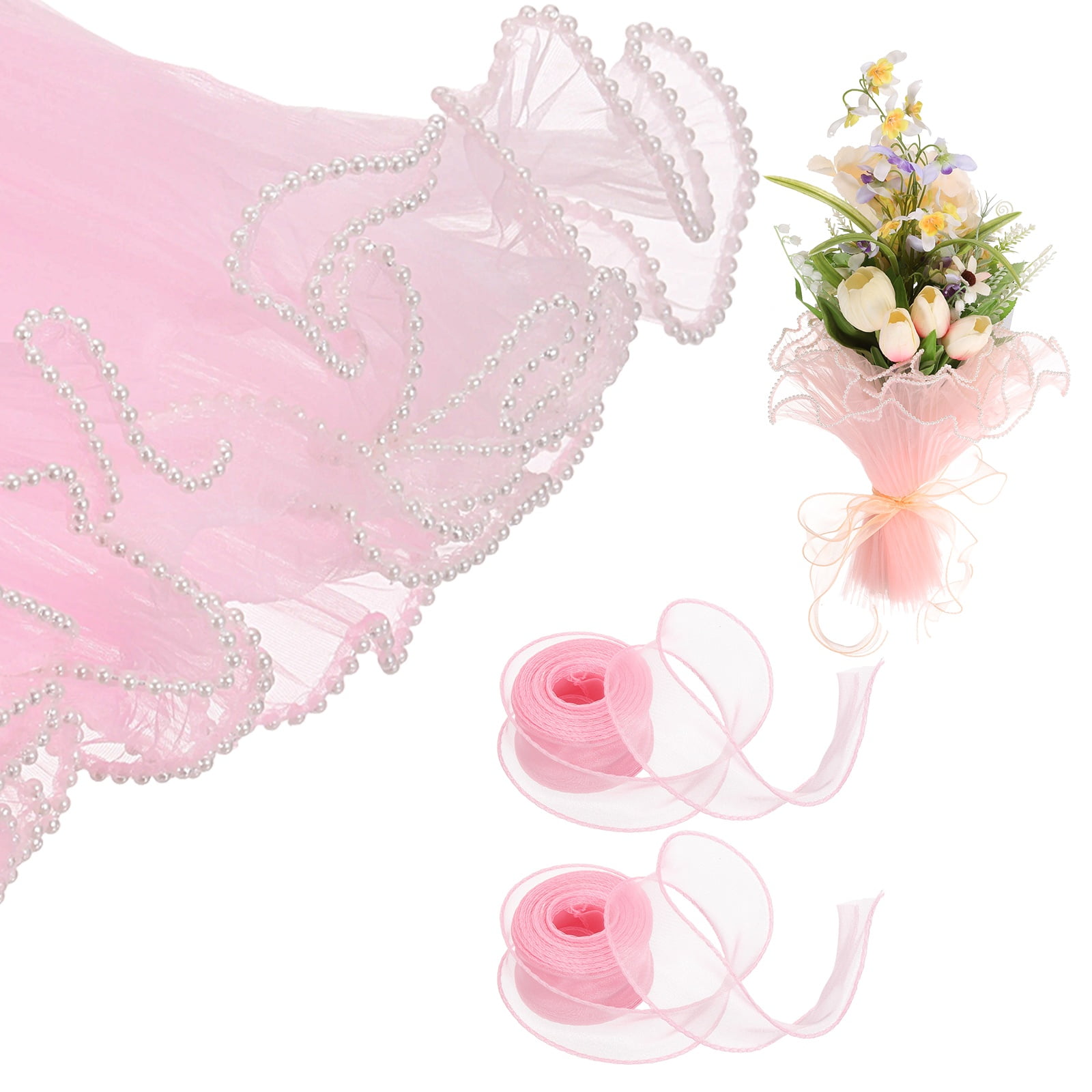 2 Pcs 4 Yards Flower Wrapping Mesh Paper Pearl Edge Bouquet Floral ...