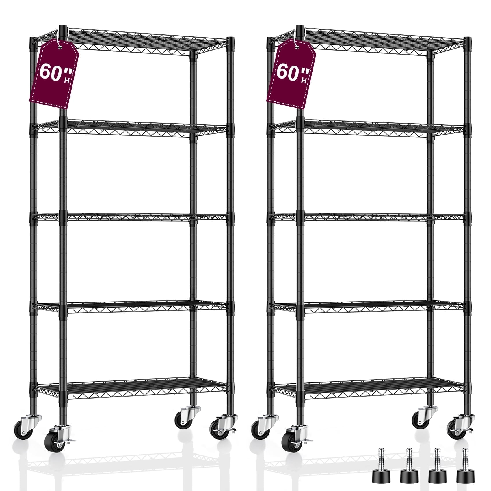 2 Pcs 5-Tier Metal Wire Shelving with Casters, 14"D x 30"W x 60"H ...