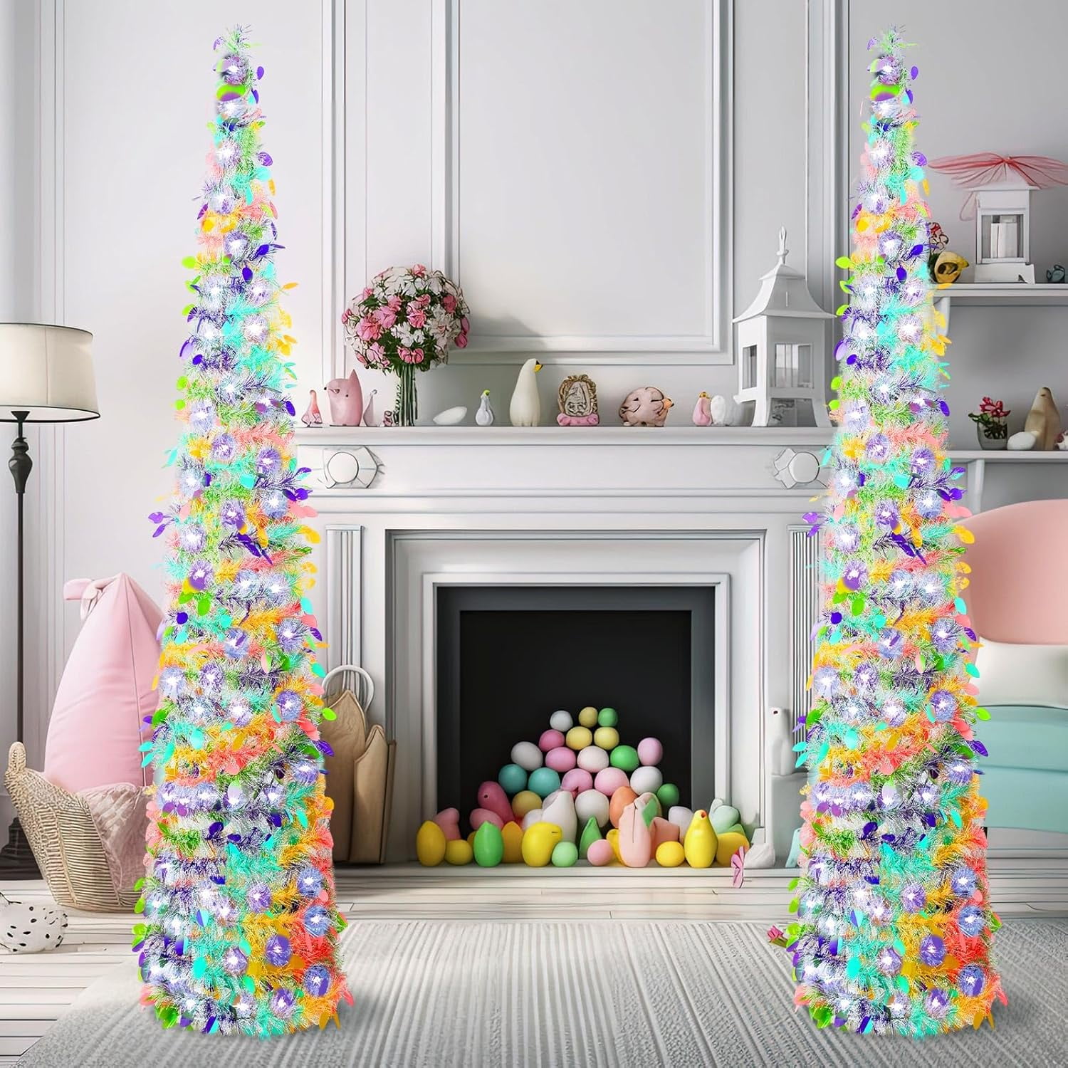 2 Pcs 5 ft LED Easter Trees Green Tinsel Pop up Artificial Pencil Trees ...