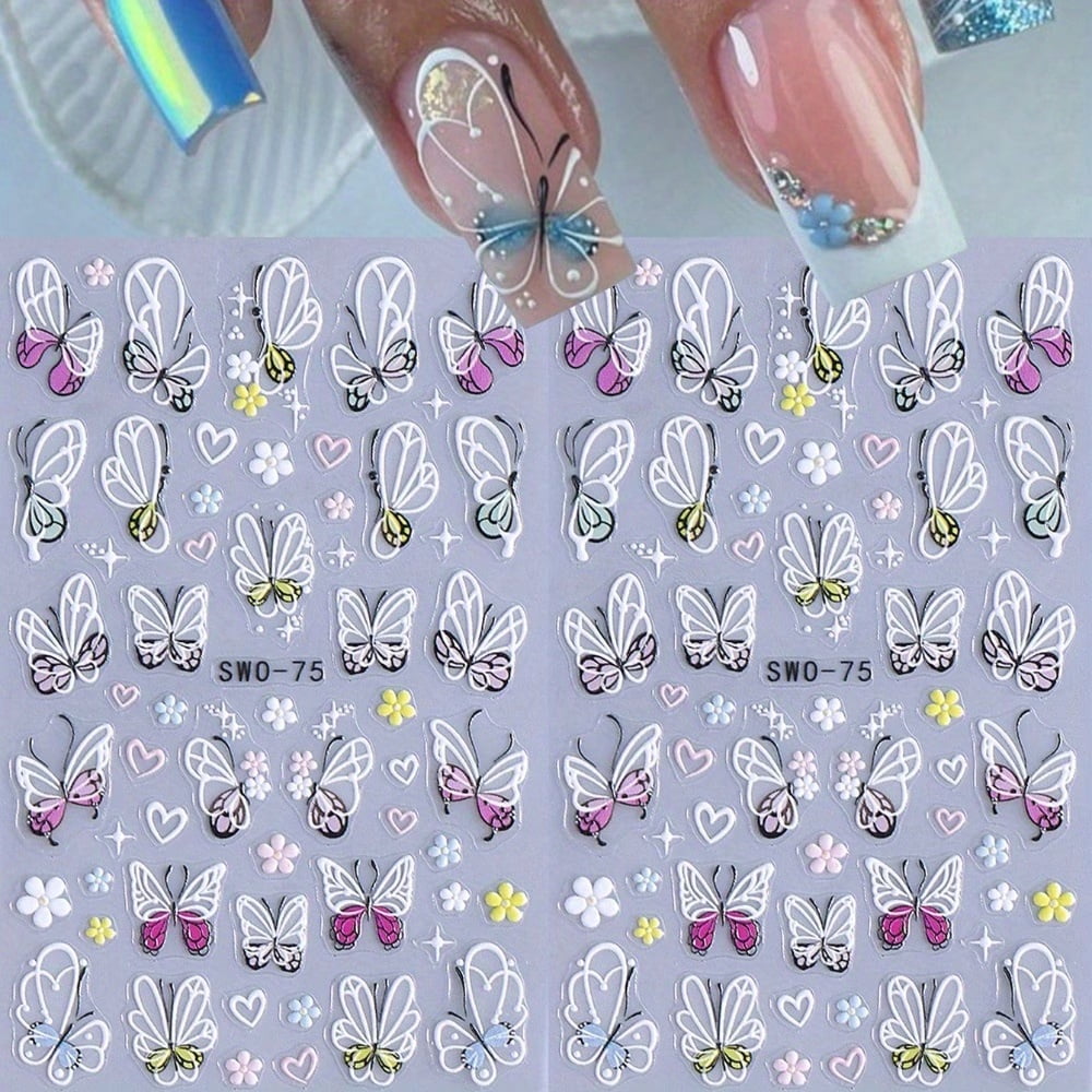 2 Pcs 5D Nail Art Stickers - Butterfly Wings & Floral Hearts Self ...