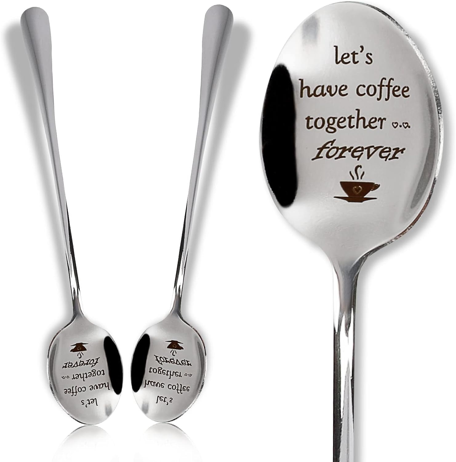 2 Pcs 7.5 inches Engraved Coffee Spoons Let's Have Coffee Together ...