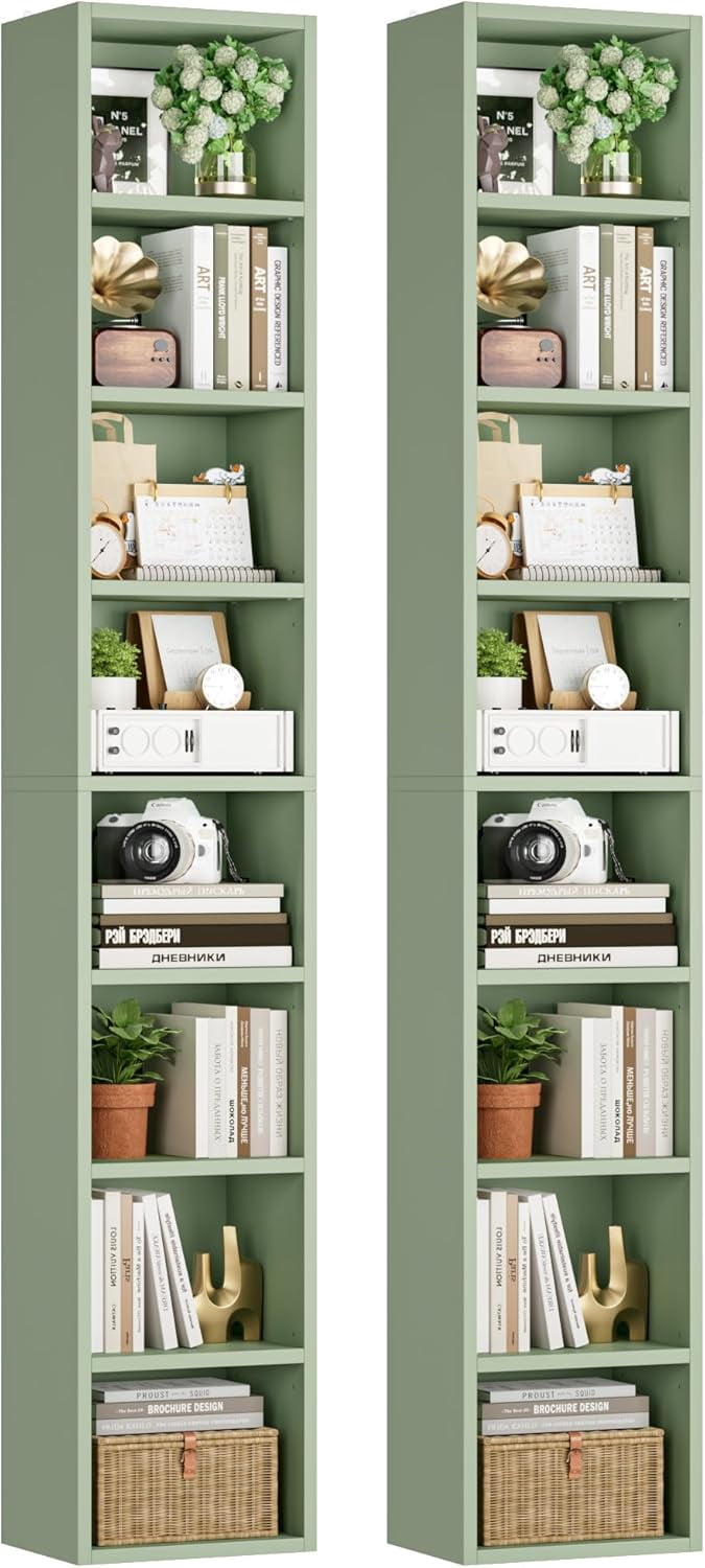 2 Pcs 71'' Tall Narrow Bookshelf, 8-Tier Media Tower Rack Set of 2, CD ...