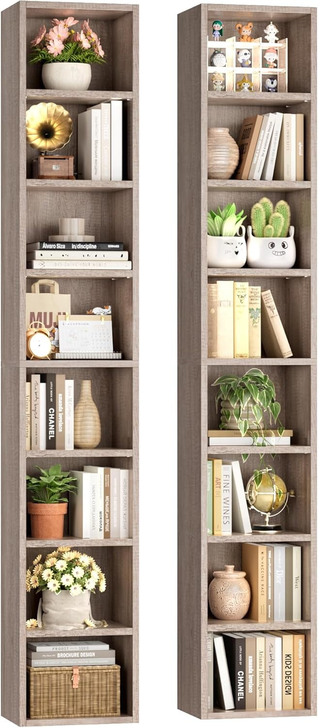 2 Pcs 71'' Tall Narrow Bookshelf, 8-Tier Media Tower Rack Set of 2, CD ...