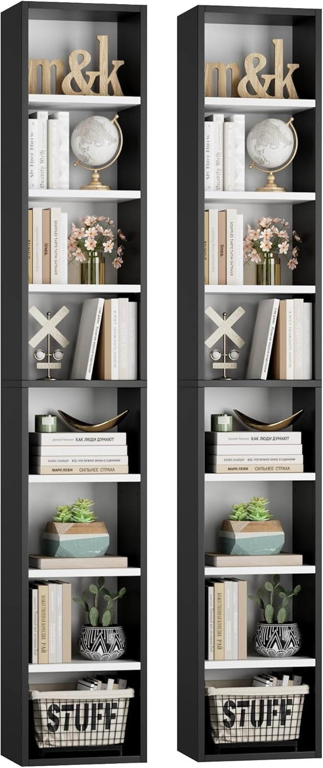 2 Pcs 71'' Tall Narrow Bookshelf, 8-Tier Media Tower Rack Set of 2, CD ...