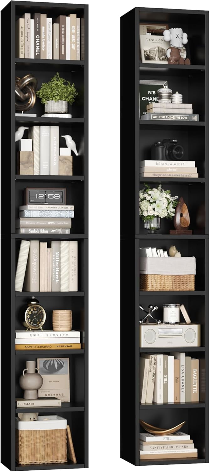 2 Pcs 71'' Tall Narrow Bookshelf, 8-Tier Media Tower Rack Set of 2, CD ...