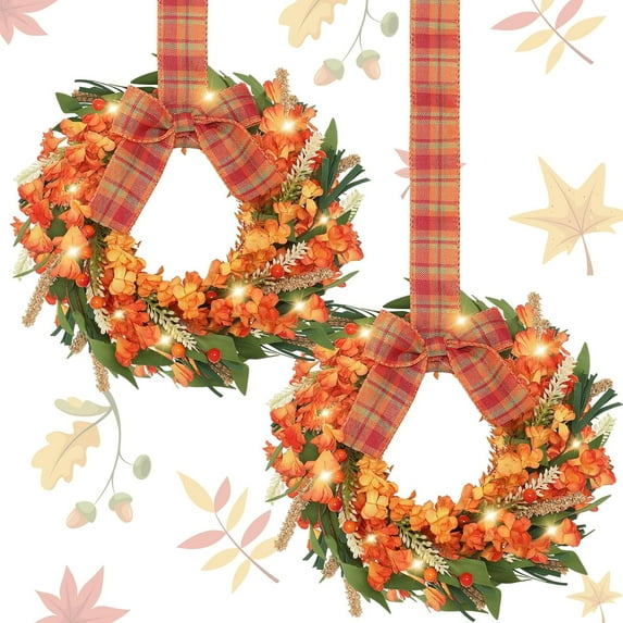 2 Pcs 9 Mini Fall Wreath for Cabinet Orange Flowers Artificial Wheat ...