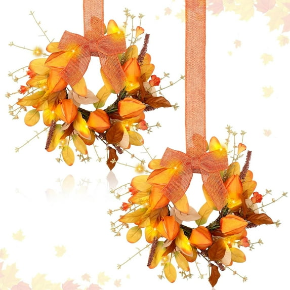 2 Pcs 9 Small Fall Wreath for Cabinet with Carambola Leaf Rustic Orange ...