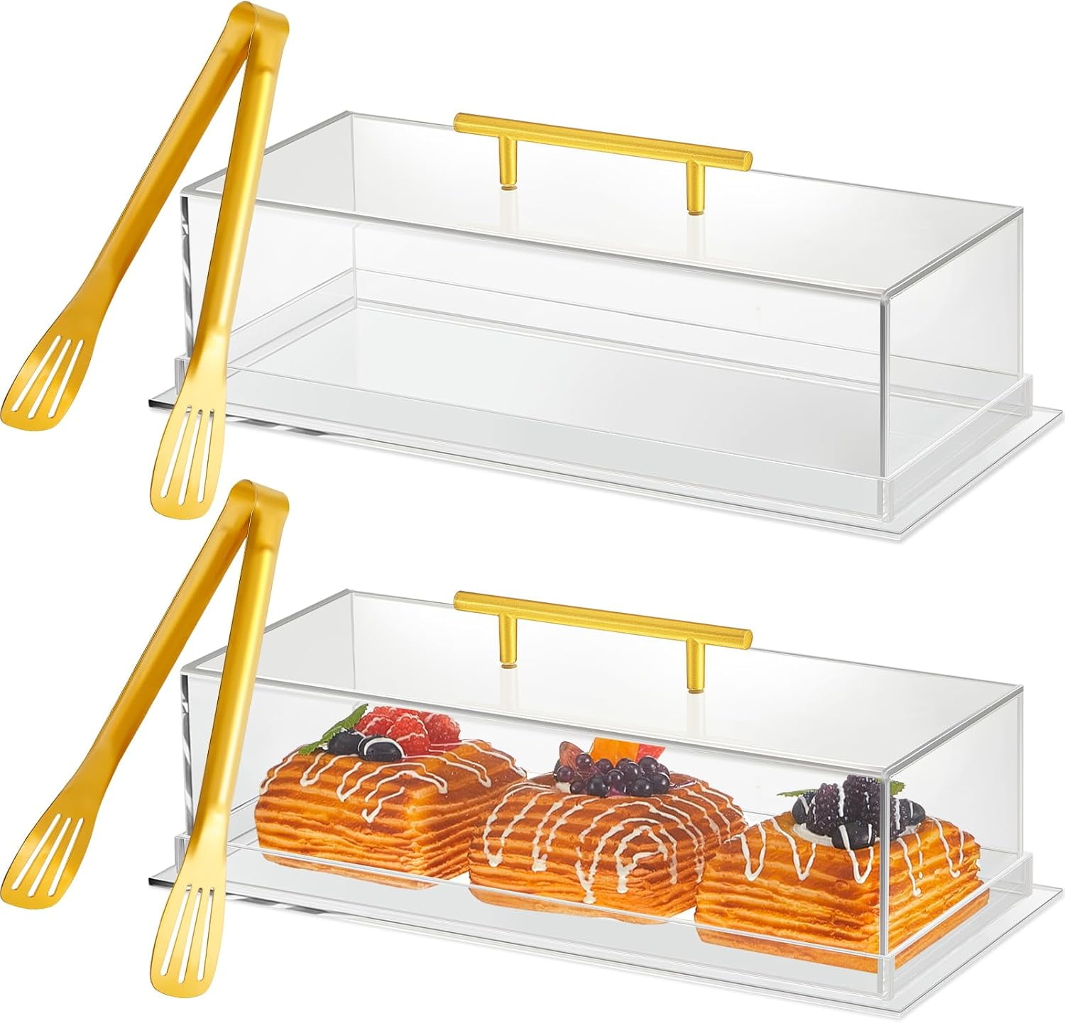 2 Pcs Acrylic Bakery Pastry Display Case with 9'' Serving Tong 14"x6"x4 ...