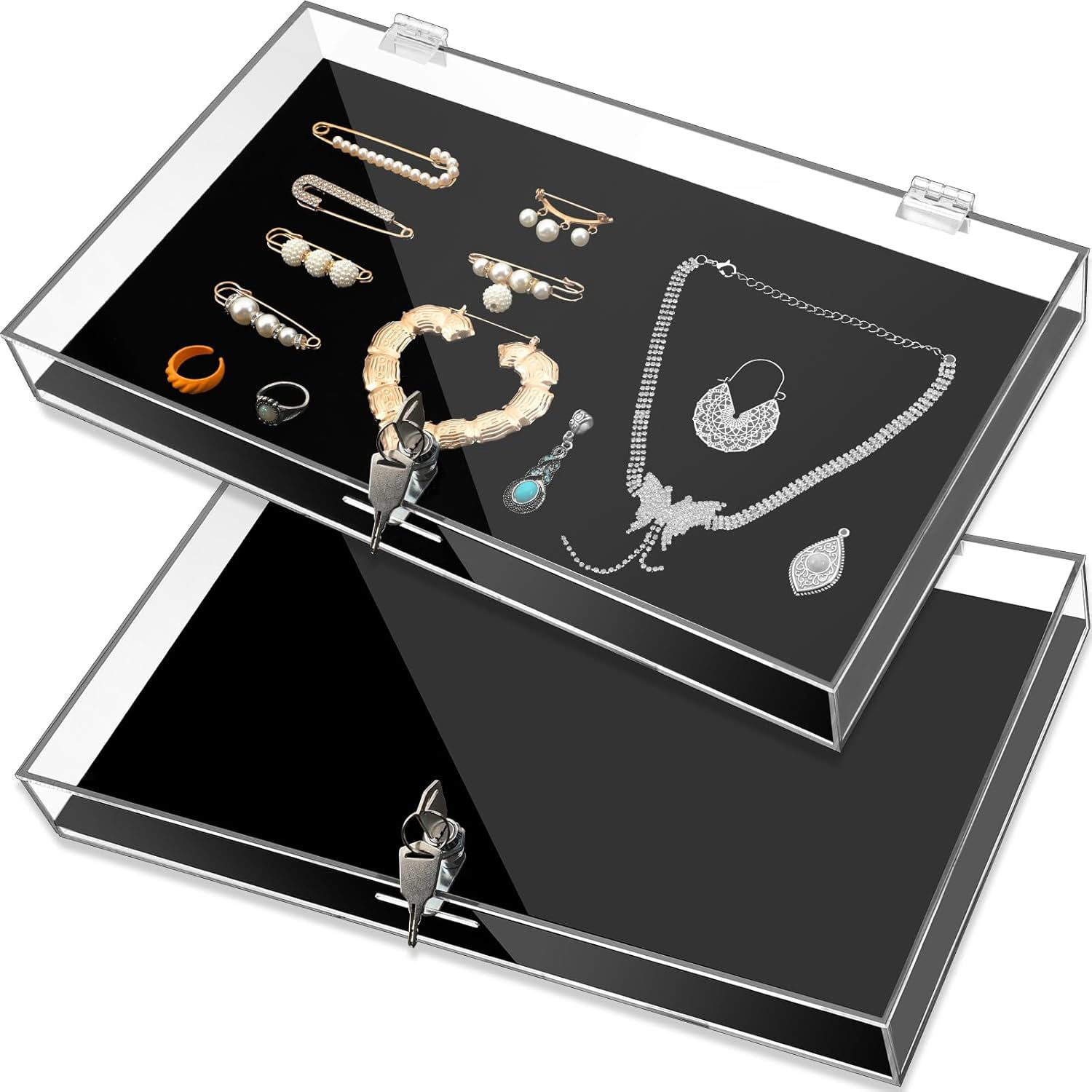 2 Pcs Acrylic Locking Jewelry Display Case Clear Ring Earring Necklace ...