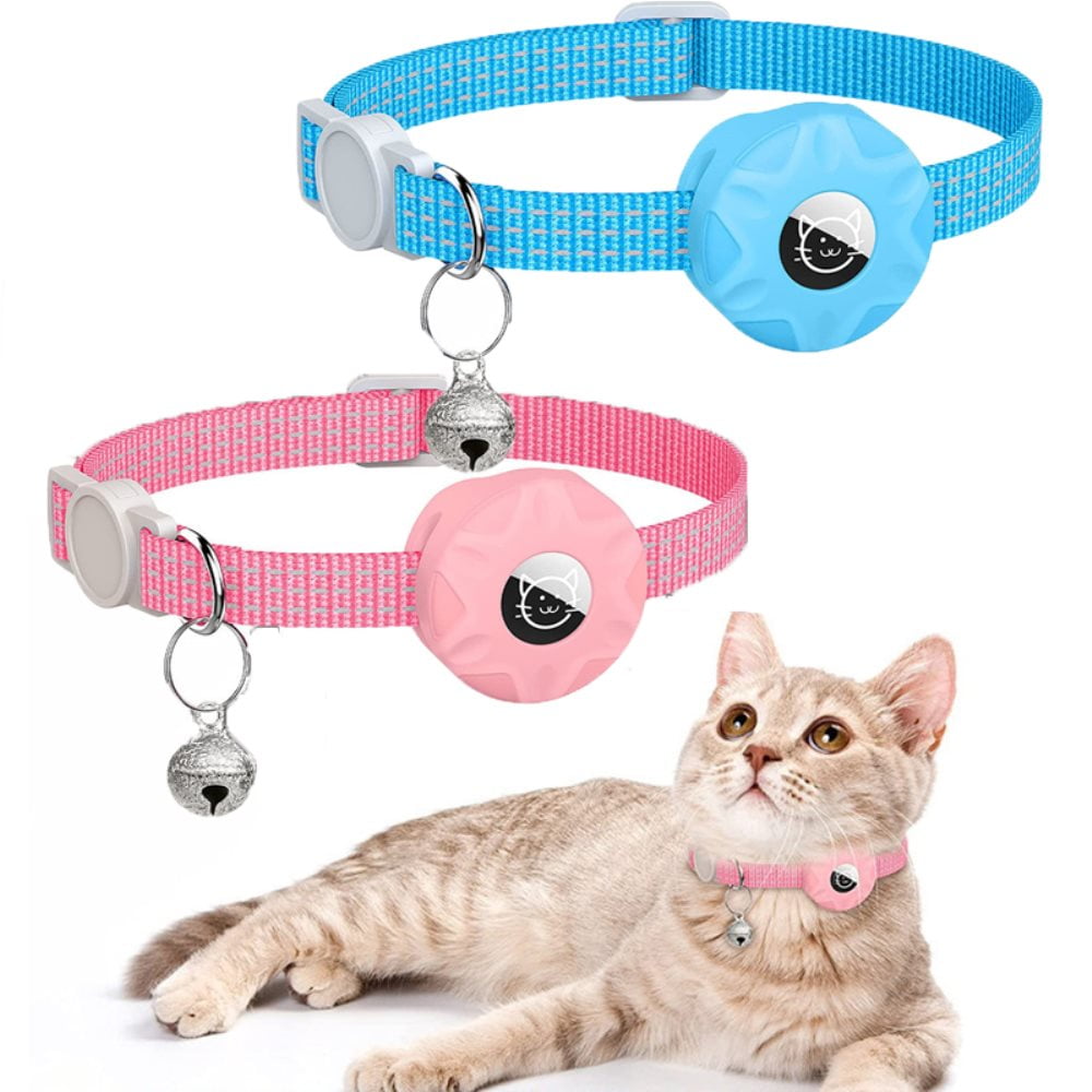 2 Pcs Adjustable Cat Collar with Airtag Case Holder and Bell Nylon Reflective Lost Positioning ...