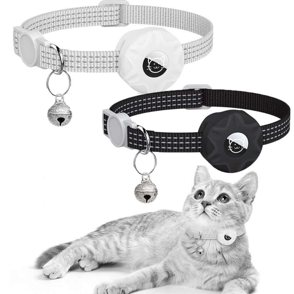 2 Pcs Adjustable Cat Collar with Airtag Case Holder and Bell Nylon Reflective Lost Positioning ...