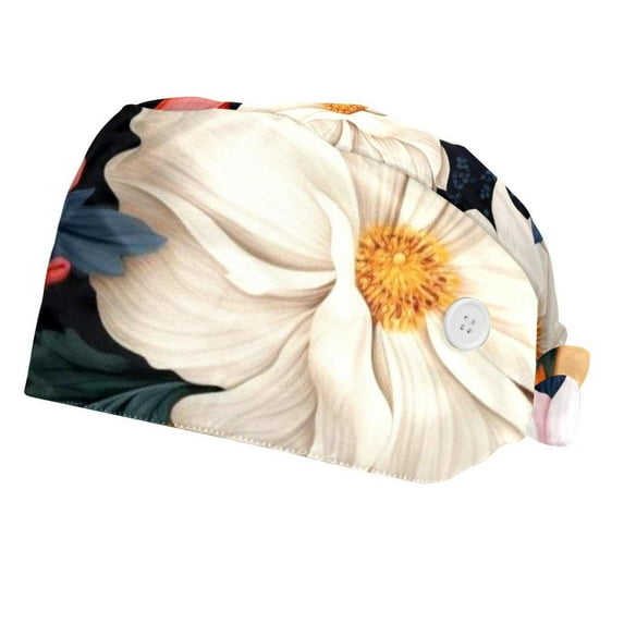 2 Pcs Adjustable Working Cap with Button, Floral Flower Surgical Cap ...