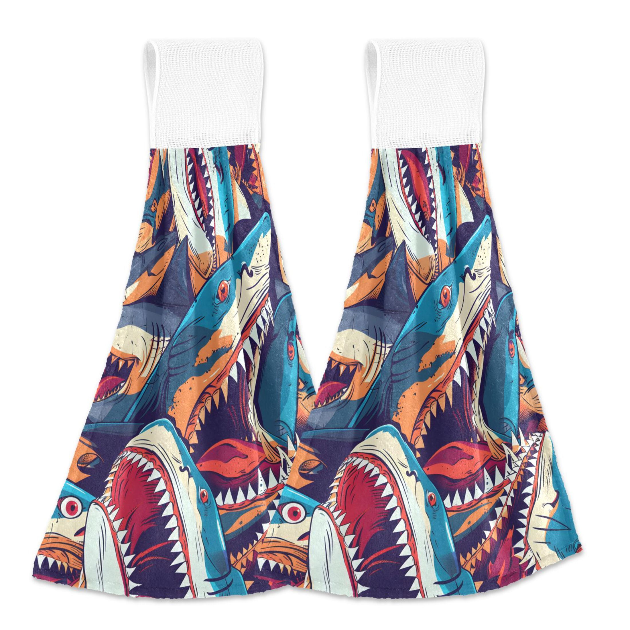 2 Pcs Angry Sharks Kitchen Hand Towels with Hanging Loops Absorbent ...