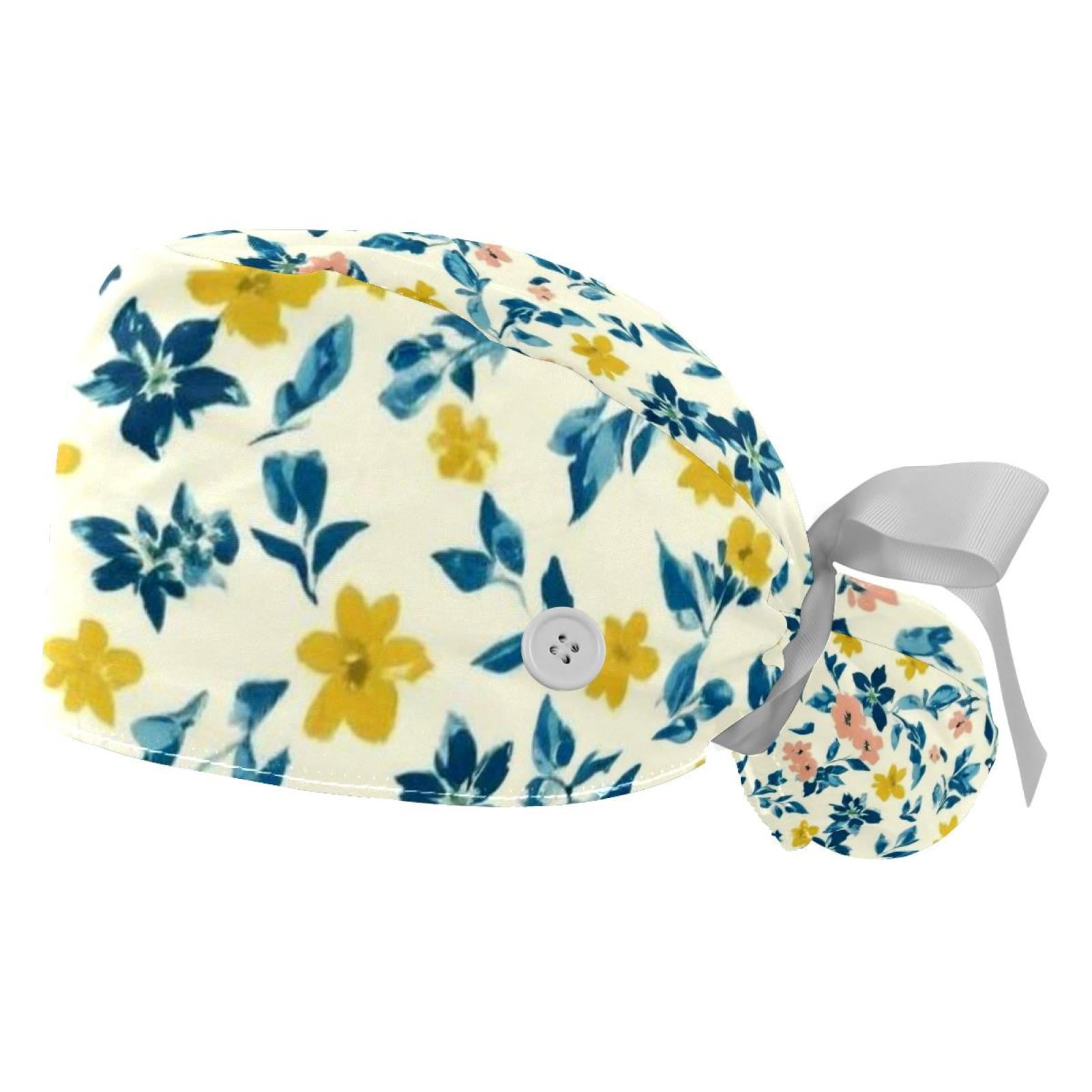 2 Pcs Art Leaf Scrub Caps Adjustable Women Nursing Cap with Buttons and ...