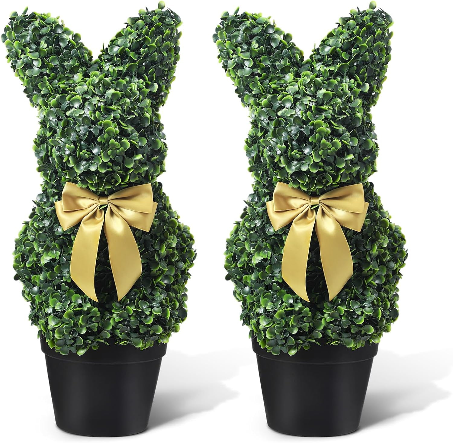 2 Pcs Artificial Bunny Shaped Topiary Trees with Gold Bow Faux Rabbit ...
