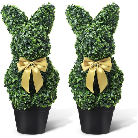 2 Pcs Artificial Bunny Shaped Topiary Trees with Gold Bow Faux Rabbit ...