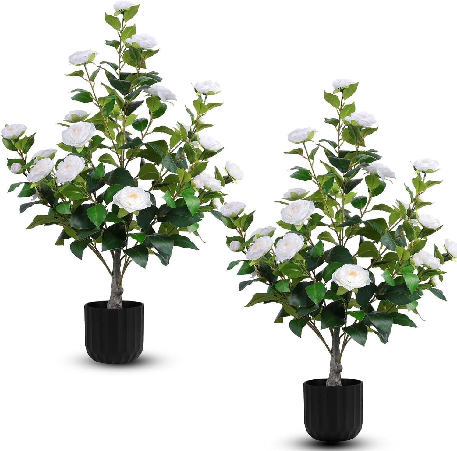 2 Pcs Artificial Camellia Trees Faux Camellia Plant in Pot with Flowers ...
