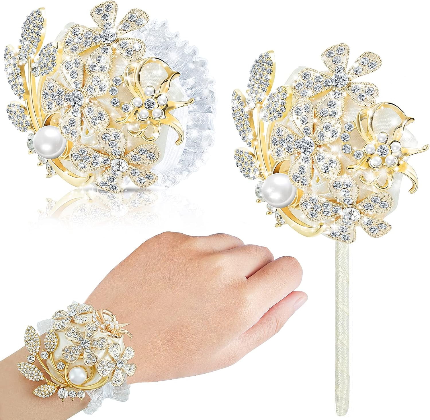 2 Pcs Artificial Corsages Wrist Flower Rhinestone Wrist Corsage ...